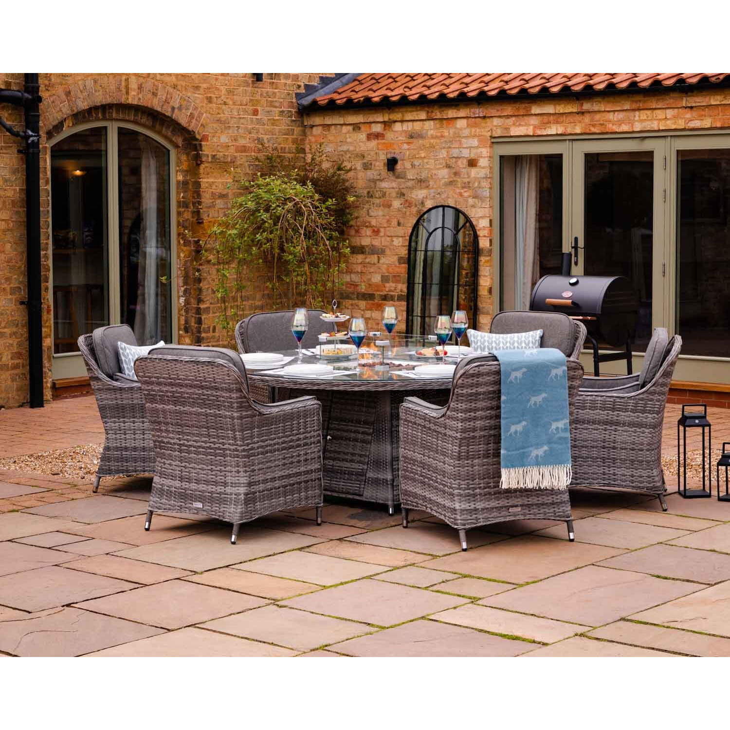 6 Seater Rattan Garden Dining Set With Large Round Table in Grey With ...