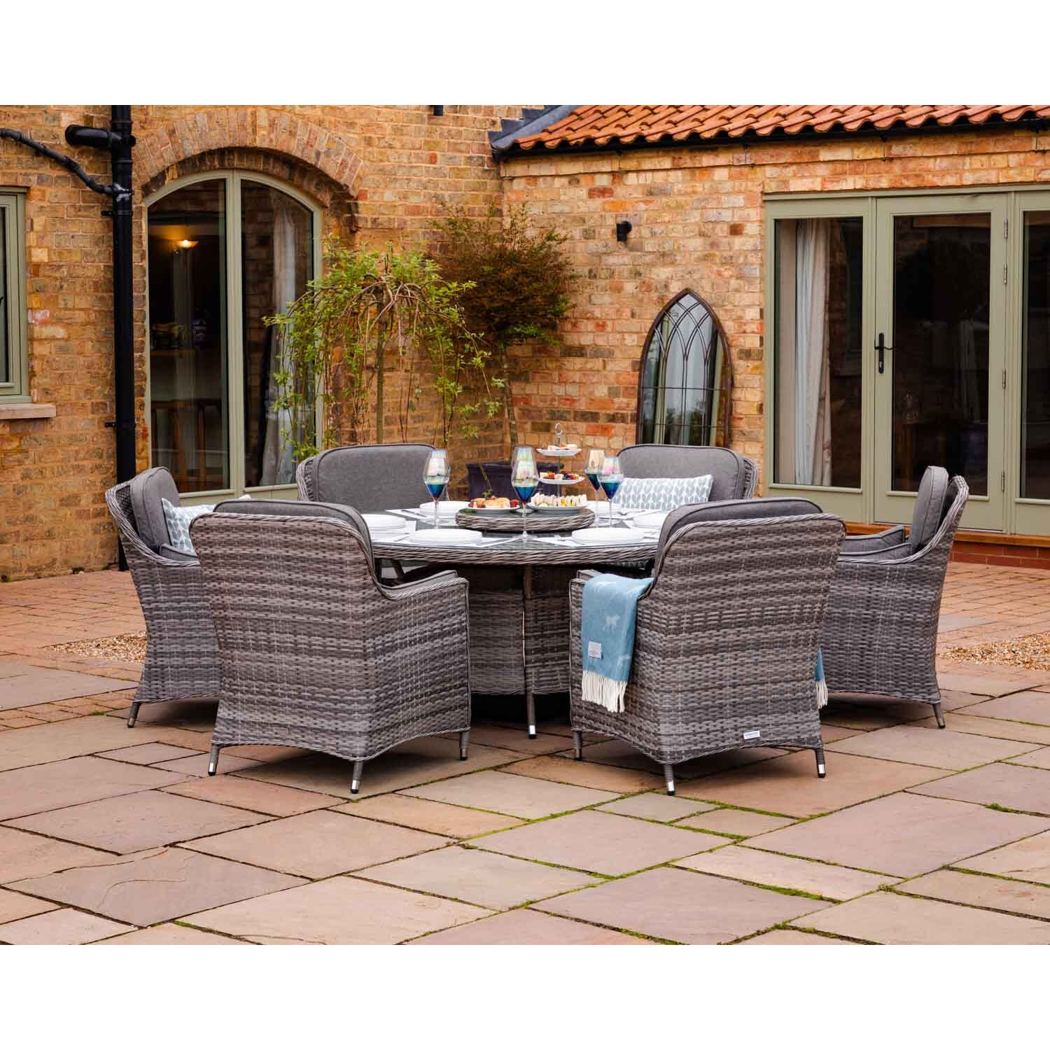 Rattan Garden Set with 6 Dining Chairs & Large Round Dining Table in ...