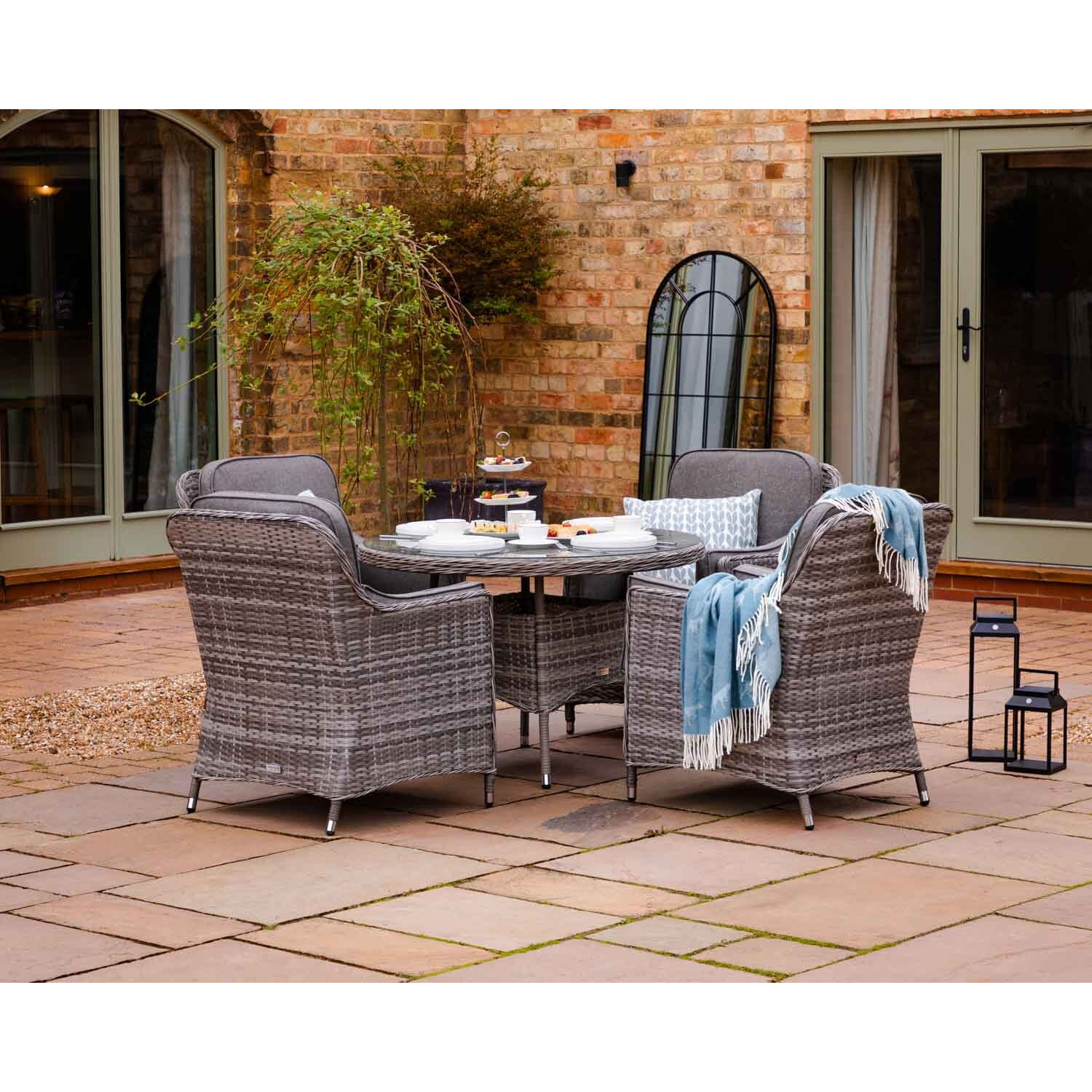 Rattan Garden Set with 4 Dining Chairs & Round Table in Grey - Lyon ...