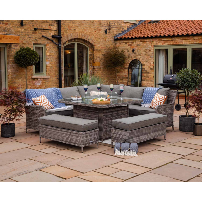 Rattan Garden Corner Dining Set with Square Fire Pit Dining Table in ...