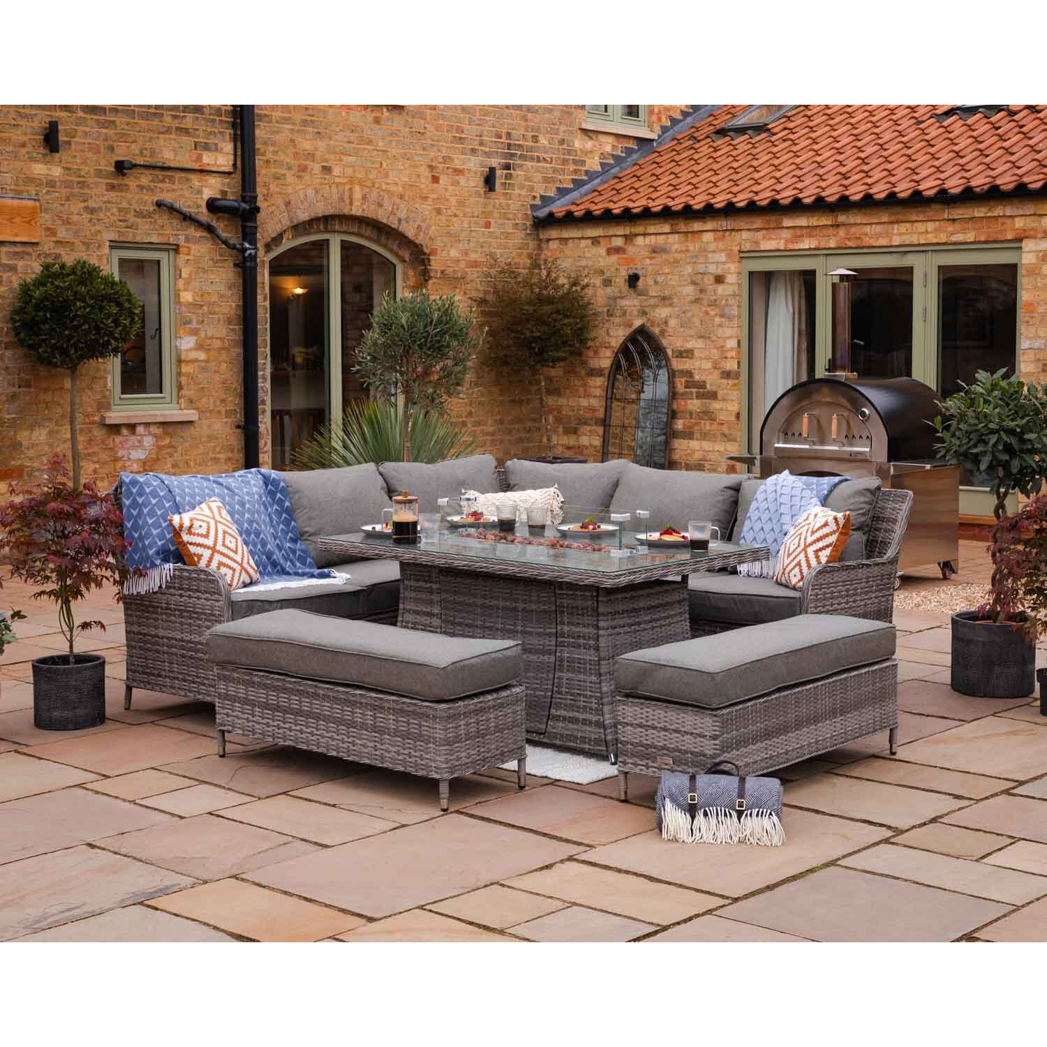Rattan Garden Corner Dining Set with Rectangular Fire Pit Dining Table ...
