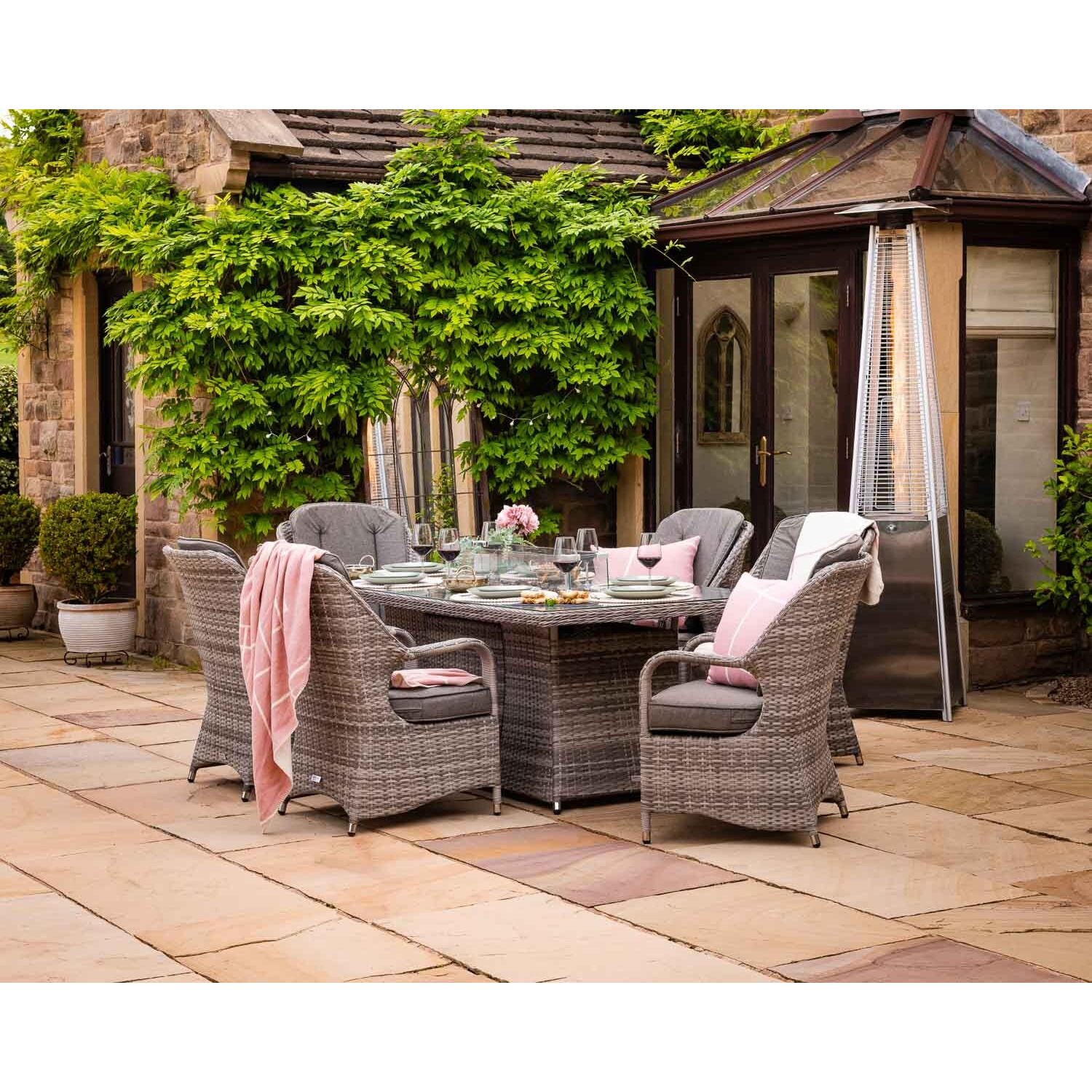 6 Seater Rattan Garden Dining Set With Rectangular Table in Grey With ...