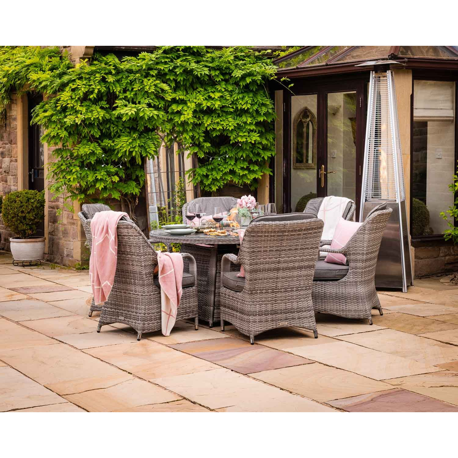 6 Seat Rattan Garden Dining Set With Round Table in Grey With Fire Pit ...