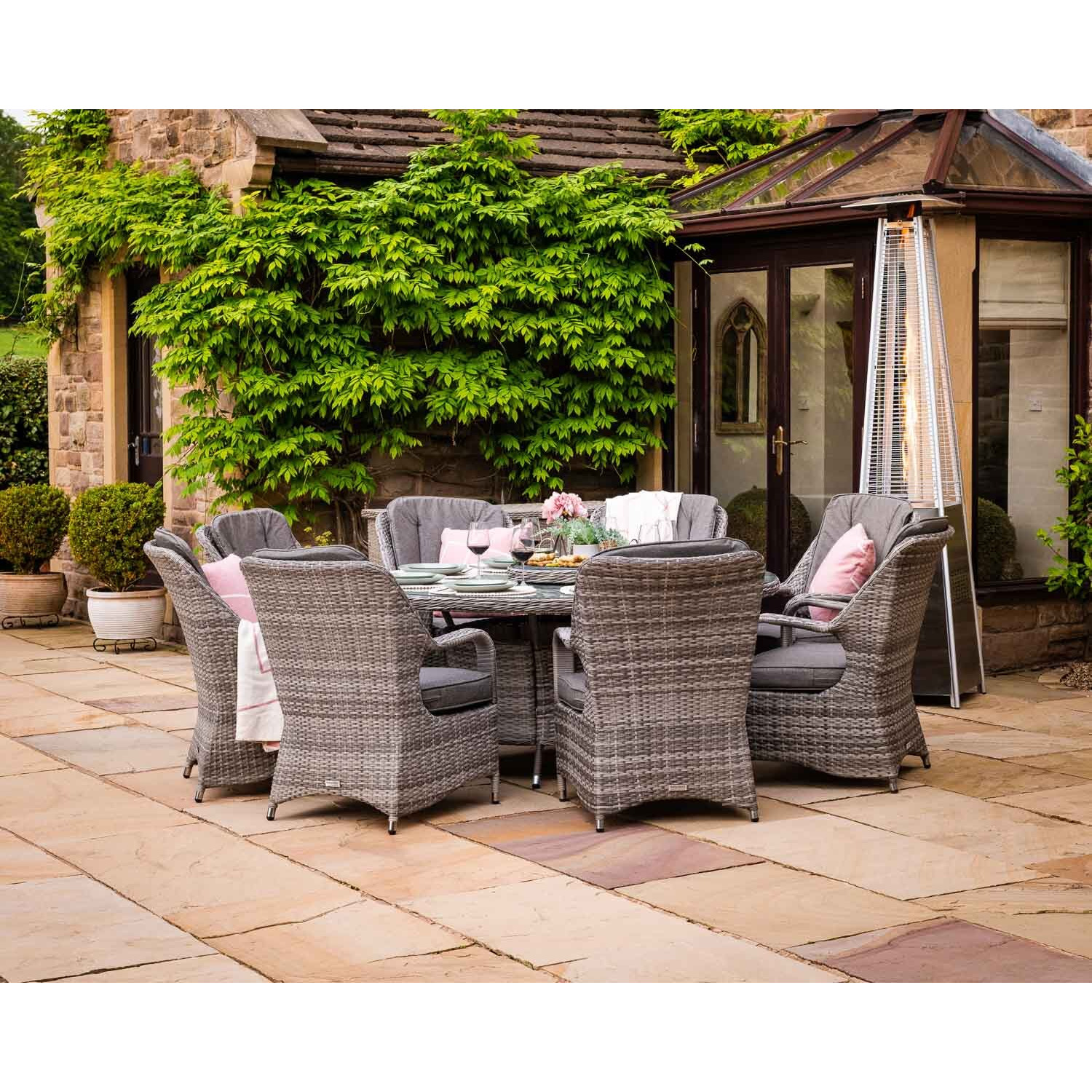 Rattan Garden Set with 8 Dining Chairs & Large Round Table in Grey ...