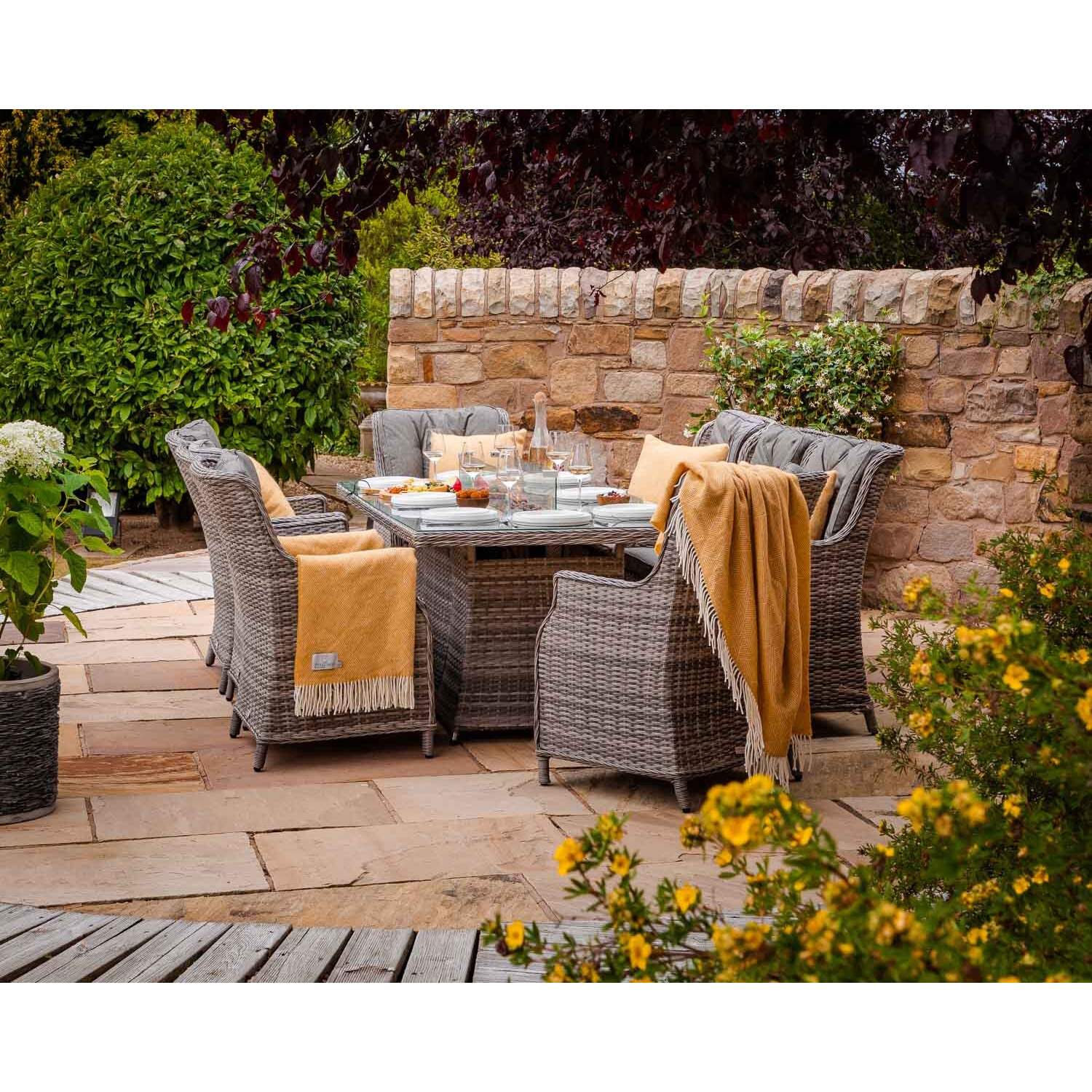 8 Seat Rattan Garden Dining Set With Rectangular Table in Grey With Fire Pit - Riviera - Rattan ...