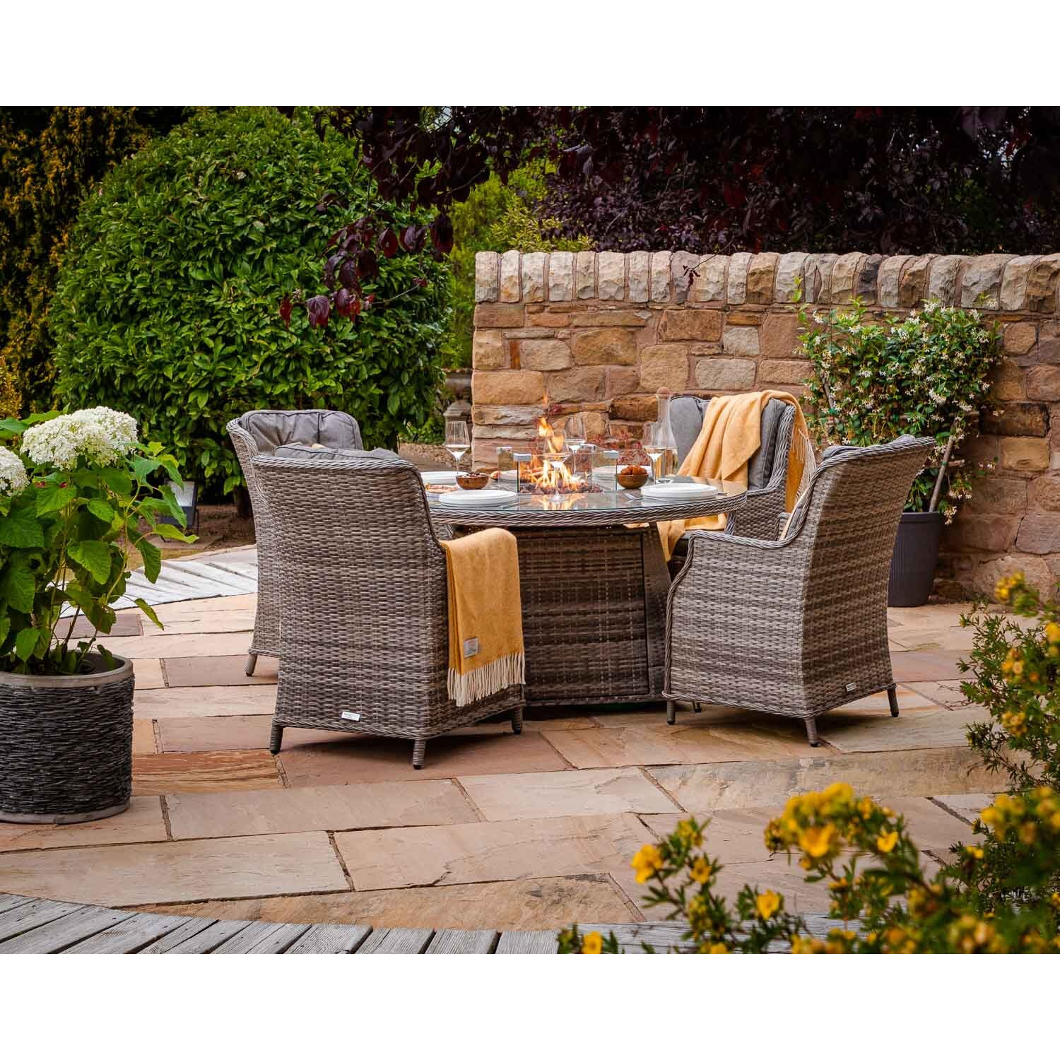 4 Seat Rattan Garden Dining Set With Round Table in Grey With Fire Pit ...
