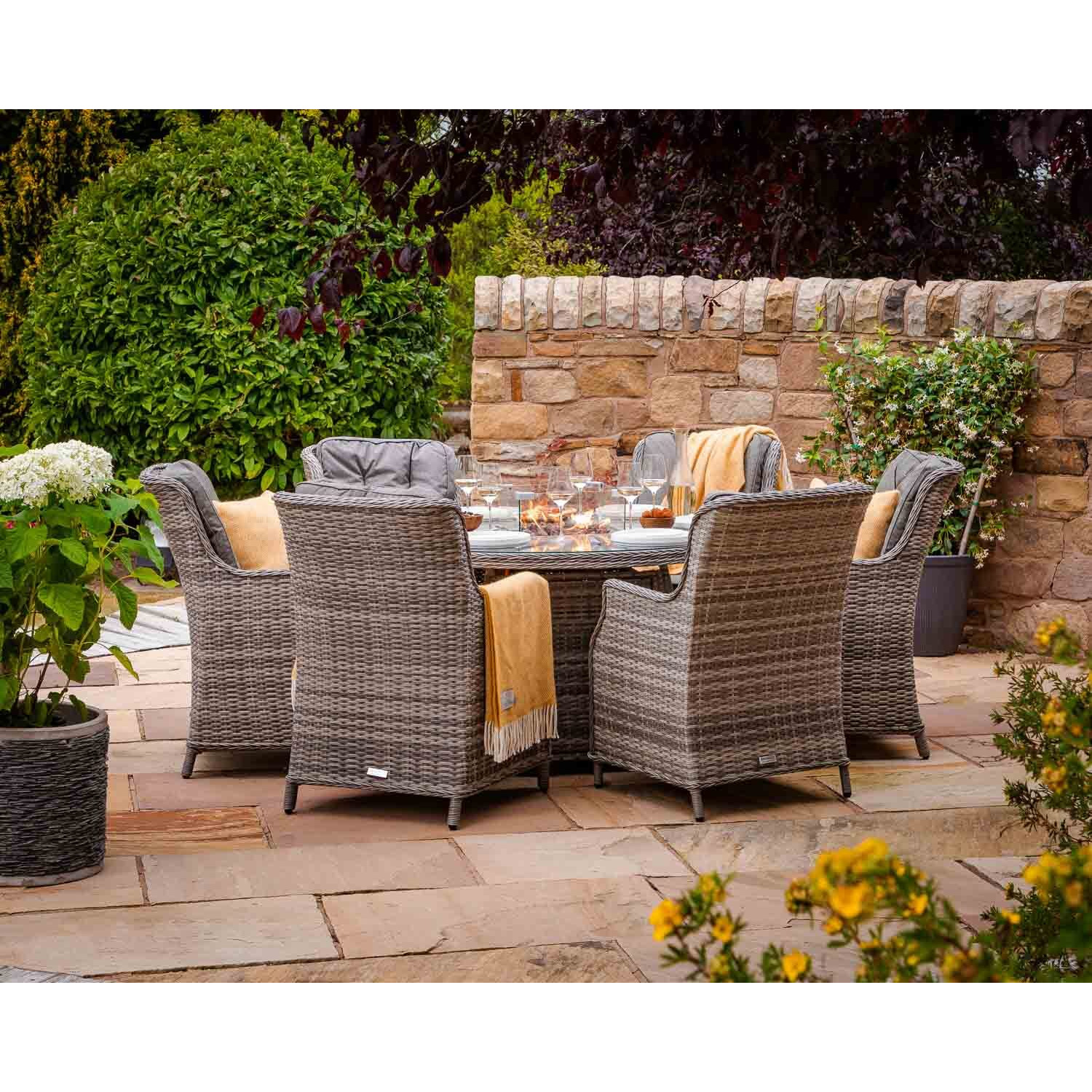 6 Seat Rattan Garden Dining Set With Round Table in Grey With Fire Pit ...