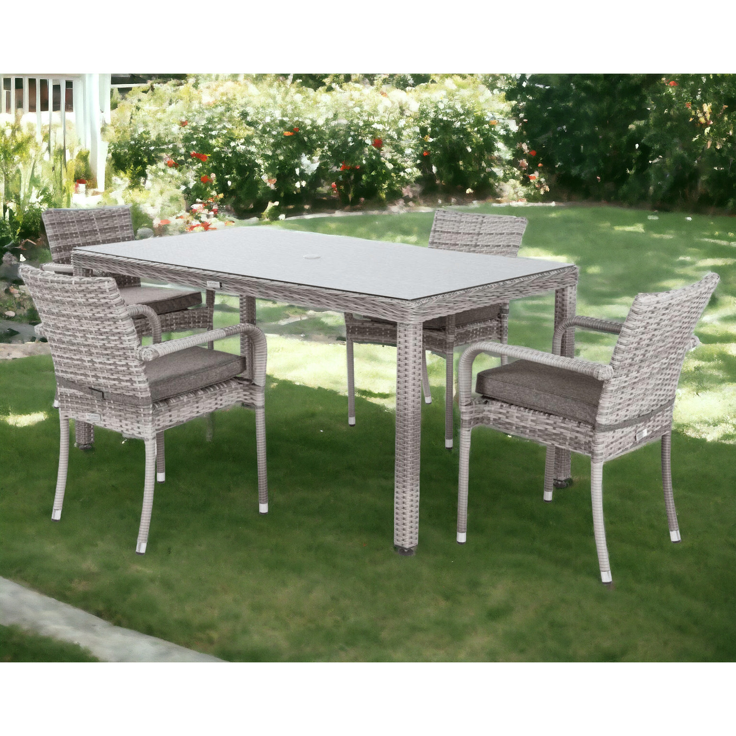 4 Stackable Rattan Garden Chairs & Rectangular Open Leg Dining Table in ...