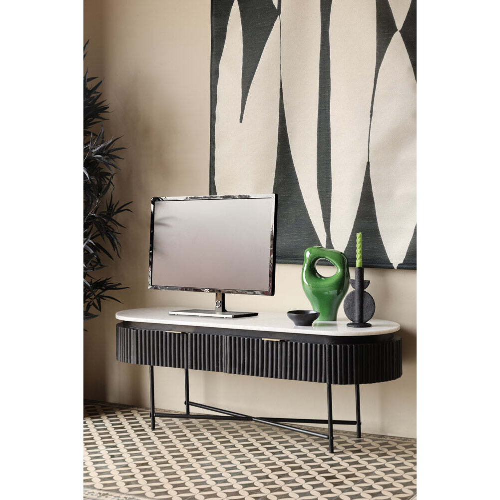 Reeded Black Wood & Marble Low Console Table / TV Unit by Rockett St ...