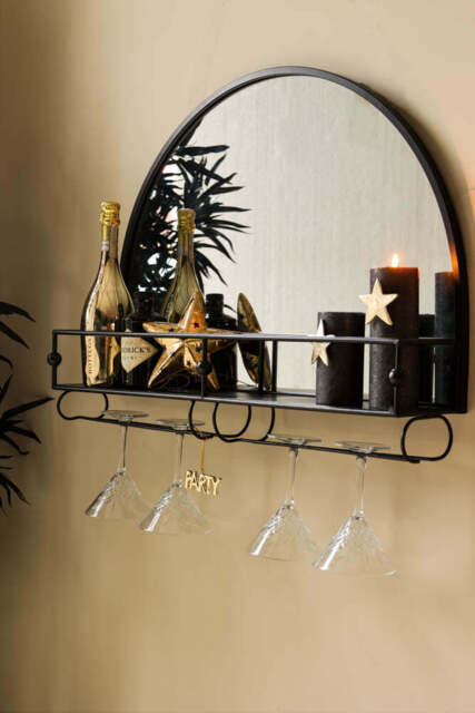 Wall-Mounted Black Metal Bar Shelf With Mirror by Rockett St George ...