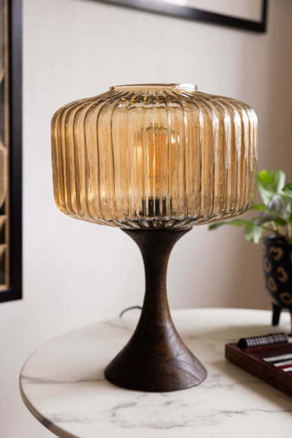 Amber Glass & Wooden Base Table Lamp by Rockett St George | ufurnish.com