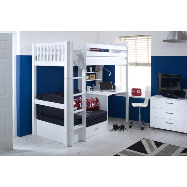 Nordic High Sleeper 3 with Desk, Shelving and Sofa Bed (slatted panels ...