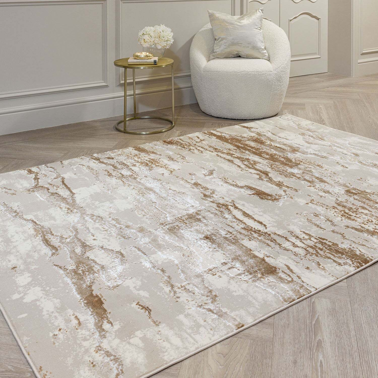 Chai Cream & Metallic Gold Marble Velvet Rug, 240 x 340cm by Rowen ...