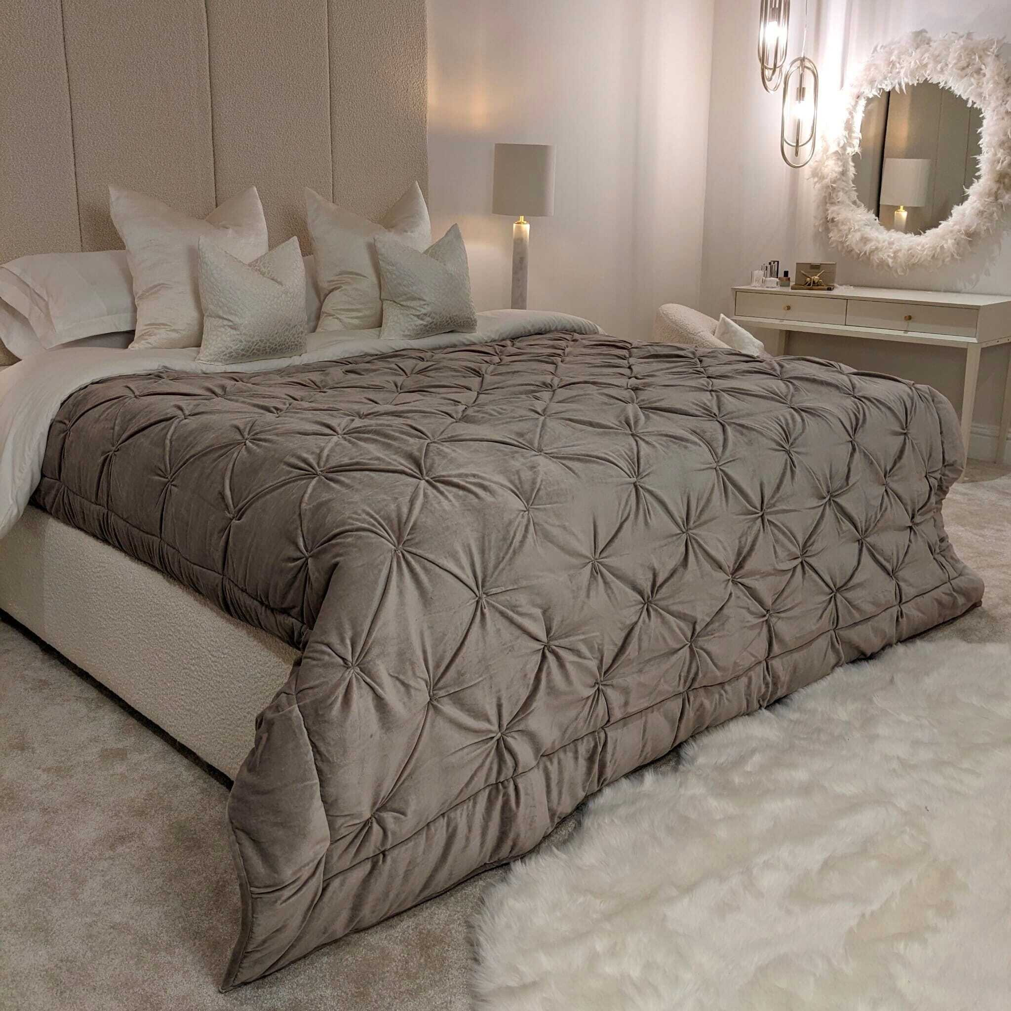 Oriana Luxury Taupe Velvet Pleated Bedspread by Rowen Homes | ufurnish.com