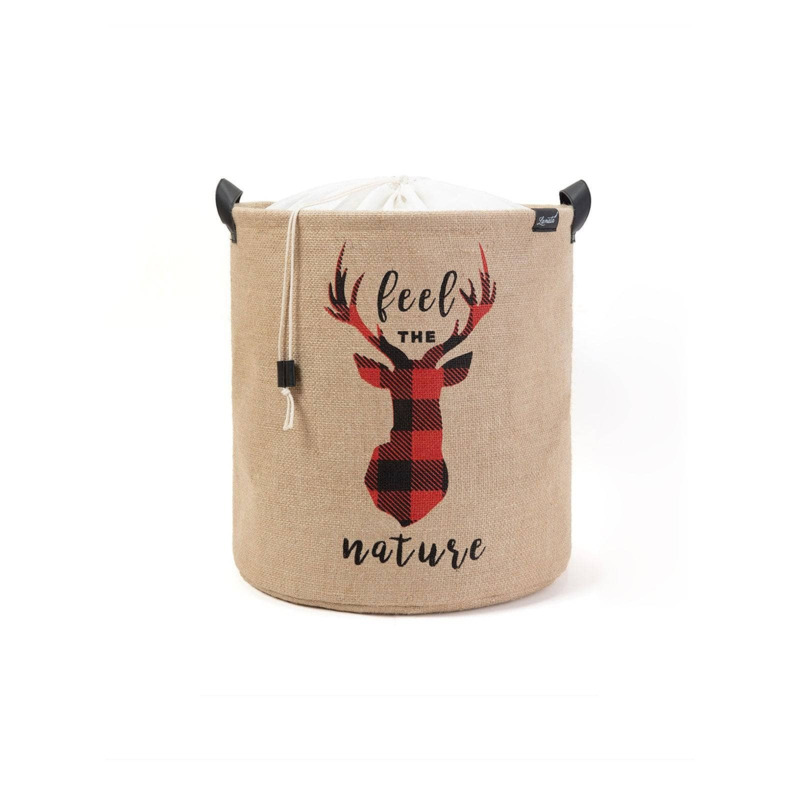 Tartan Deer Jute Laundry Basket, Natural by Sazy | ufurnish.com
