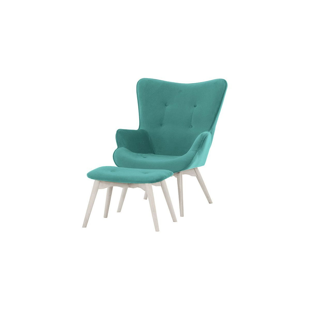Ducon Velvet Wingback Chair + Footstool, light blue, Leg colour: white ...