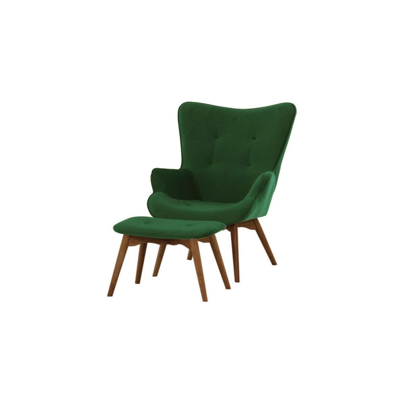 Ducon Velvet Wingback Chair + Footstool, green, Leg colour: dark oak by ...