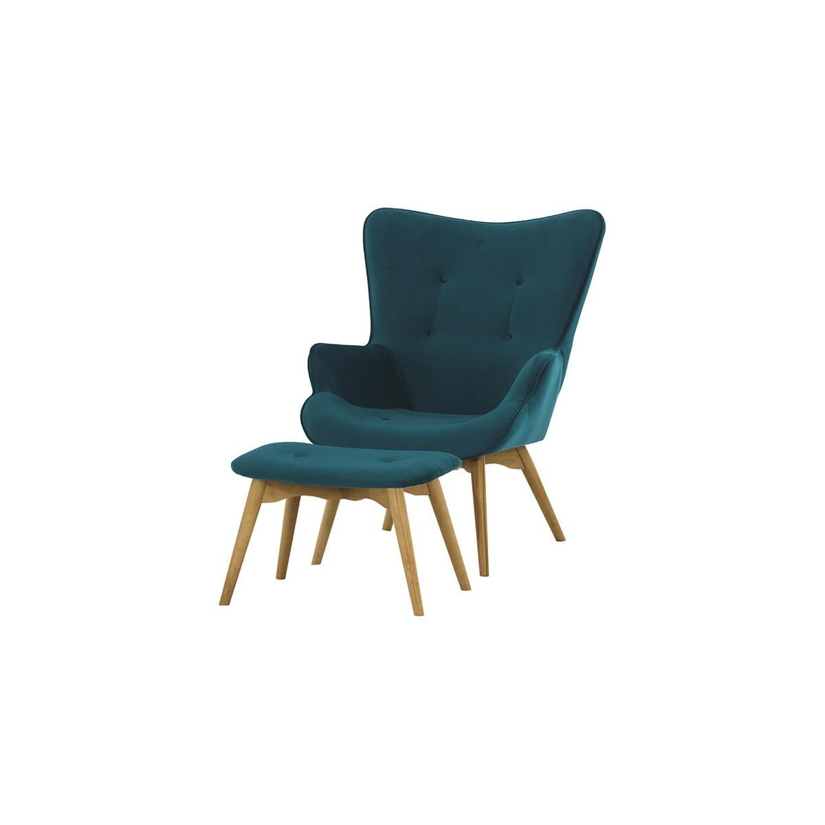 Ducon Velvet Wingback Chair + Footstool, navy blue, Leg colour: like ...