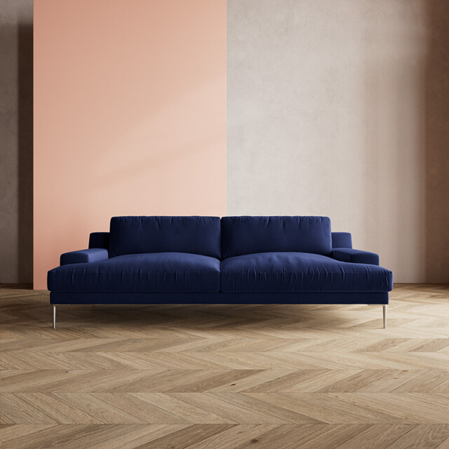 Swoon Almera, Three-Seater Sofa Ink Easy Velvet with Silver Feet, Dark Blue and Silver, Birch ...