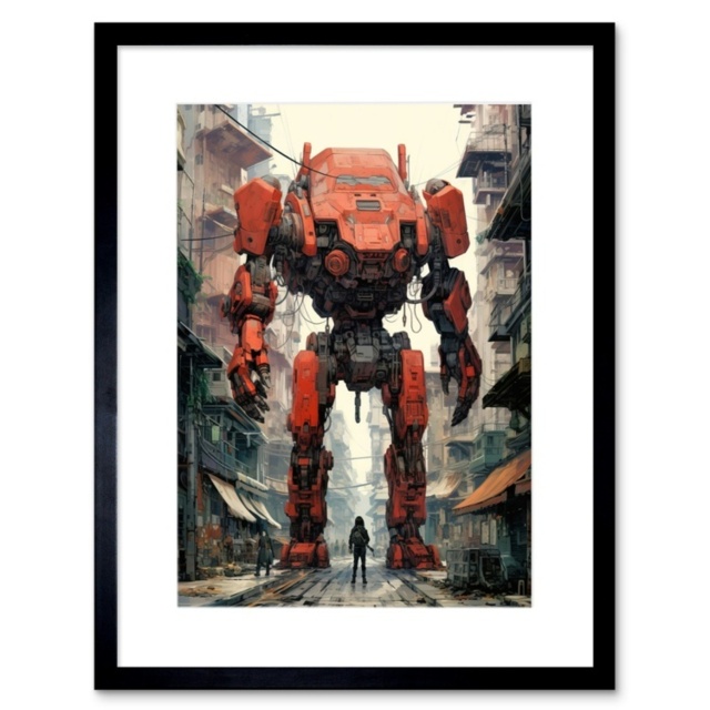 "Red Mecha Robot City Street Anime Sci-Fi 9X7"" Black Framed Wall Art ...
