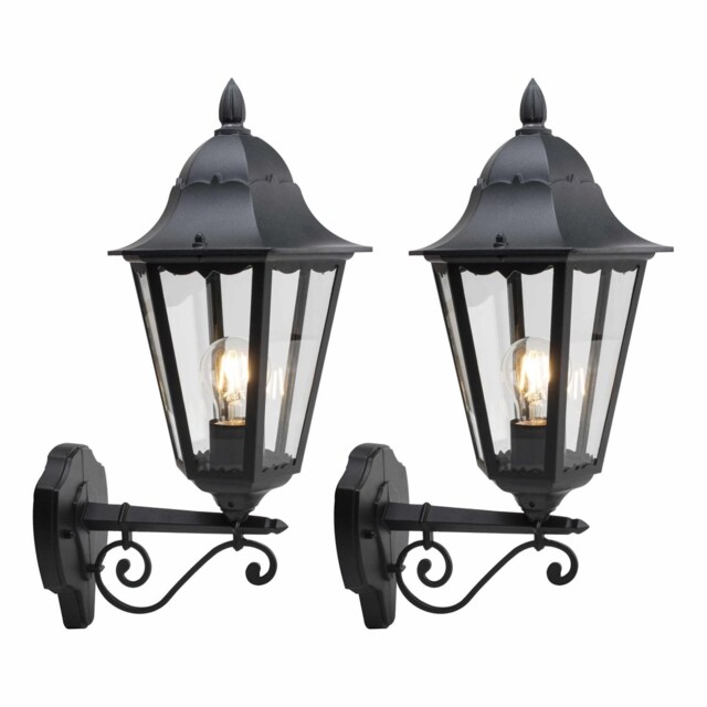 Set of 2 Mansfield - Black with Clear Glass Six Sided Lantern IP44 ...