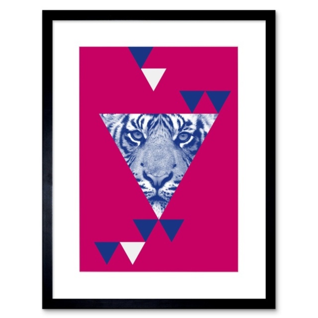 "Modern Geometric Triangle Tiger Fuchsia Blue 9X7"" Black Framed Wall ...