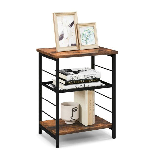 Costway industrial 3-tier side table end table mesh shelf brown by ...