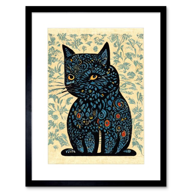 "William Morris Floral Blue Cat Artwork 12x16"" Framed Wall Art Print ...