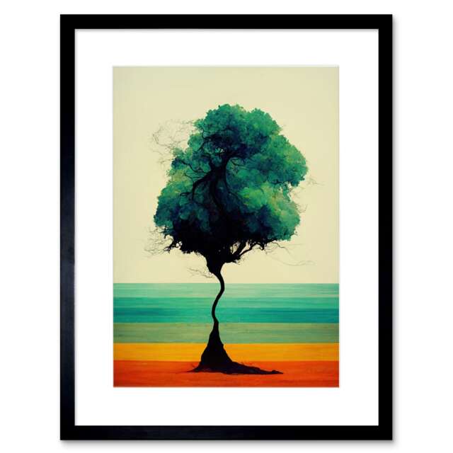 "Single Lone Abstract Tree Colourful Bold Rainbow Striped 9x7"" Black ...