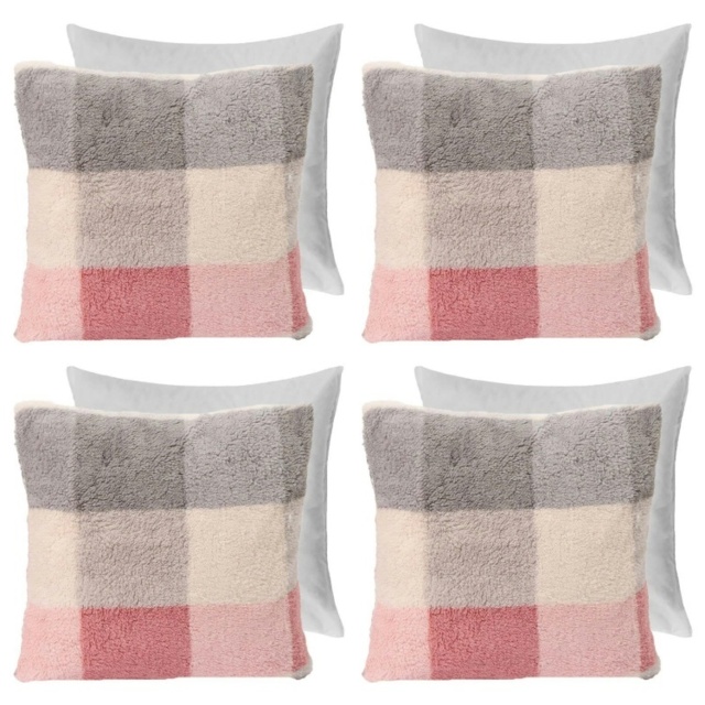 Ohs 4 X Gingham Check Soft Teddy Fleece Filled Cushions, 45X45Cm ...