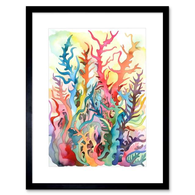 "Seaweed Plant Colourful Sea Life Folk Art Bathroom 9x7"" Black Framed ...