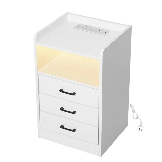 Levede Bedside Table Nightstand Usb Charger Outlet Rgb Led 3 Drawers ...