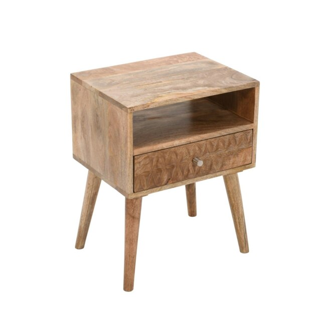 Zenon Light Mango Wood Bedside Table with 1 Drawer and Open Slot Brown ...