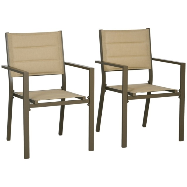 Outsunny 2 Pcs Dining Chairs, Stackable Outdoor Armchairs Khaki by ...