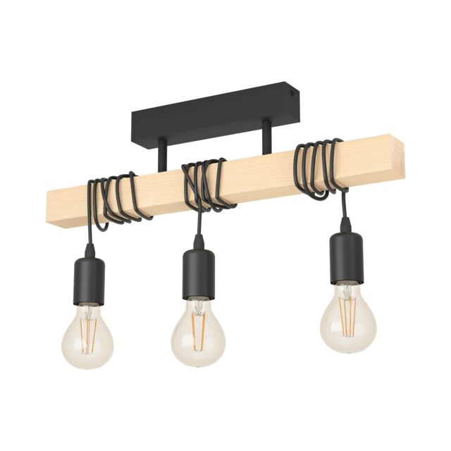 EGLO Townshend Black Metal & Natural Wood Industrial 3-Light Pendant (D ...
