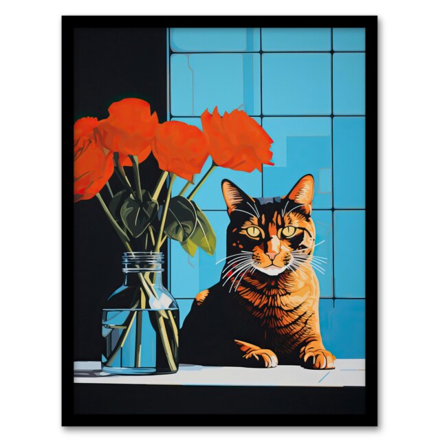 Dont swipe right tabby cat red roses home decor black framed wall art ...