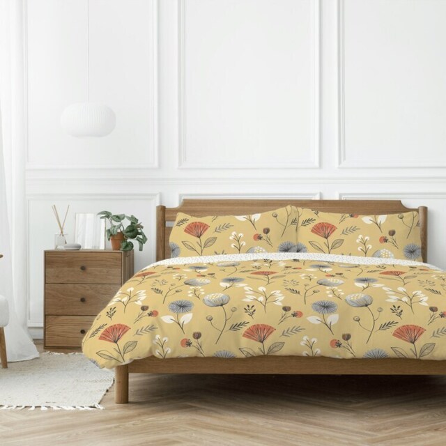 Copenhagen Home Olia Floral Print Ochre Reversible Duvet Cover And Pillowcase Set - Double by ...