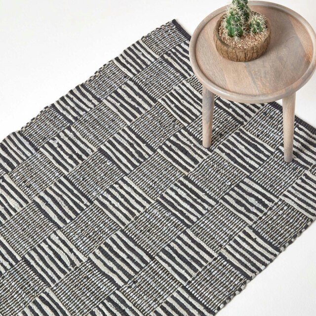 Homescapes black & white real leather handwoven striped block check rug ...