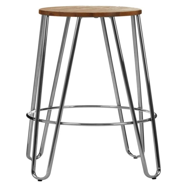 Interiors By Premier Chrome Metal And Elm Wood Round Bar Stool, Hairpin ...