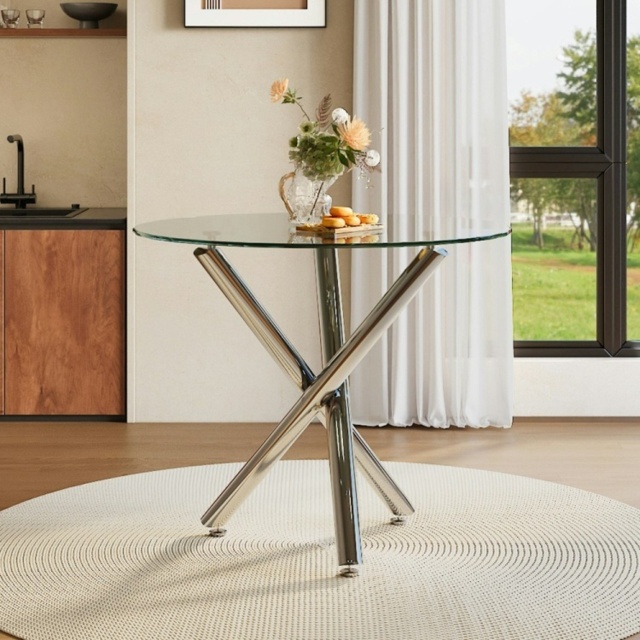 Living And Home Tempered Glass Crossover Round Dining Table by Tesco ...