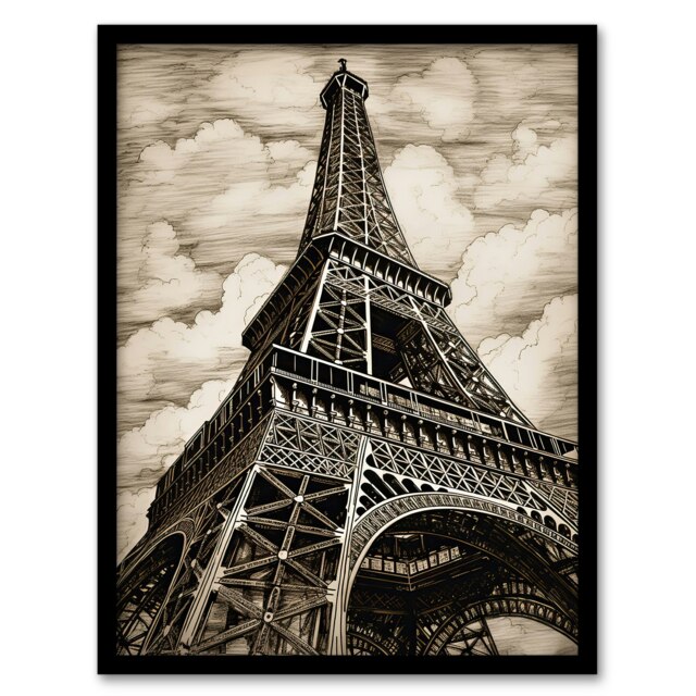 Pen ink drawing eiffel tower paris la tour black framed wall art print ...