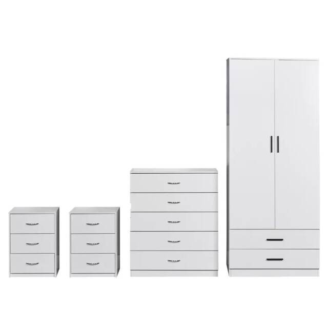 4-Piece Wooden Bedroom Set: Wardrobe, Chest, Bedside Table White 4 by ...