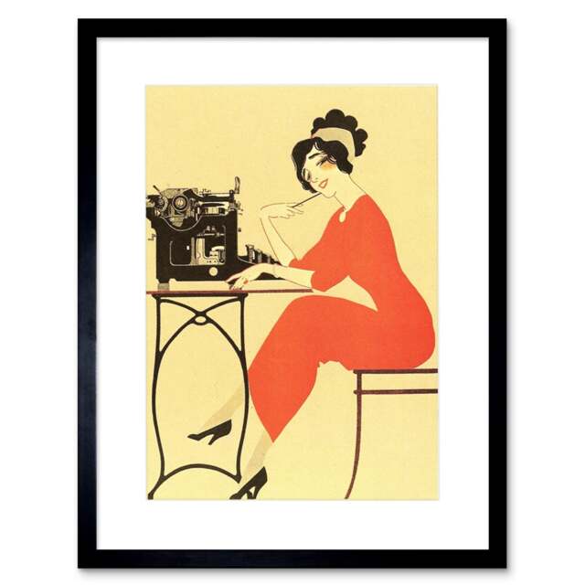 "Typewriter Secretary Woman Red Dress 9x7"" Black Framed Wall Art Print ...