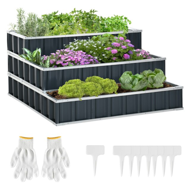 Outsunny 3 tier raised garden bed, metal elevated planer box, easy ...