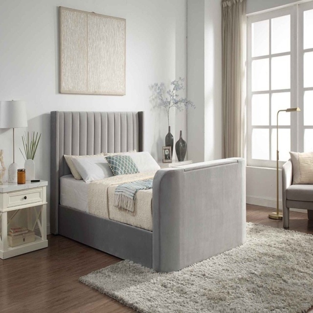 Grey Velvet Lined Ottoman Tv Bed With Storage Smart Bed With Remote ...
