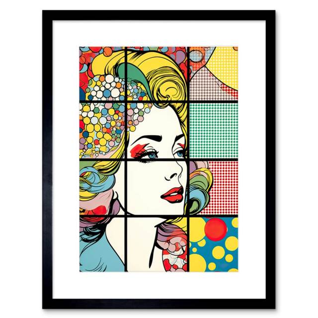 "Abstract Comic Book Style Bubbles Geometric Woman Face 9x7"" Black ...