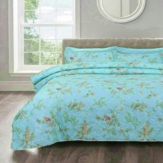 Velosso Birds Floral Cotton Blend Quilted Bedspread Set Blue - Duck Egg ...
