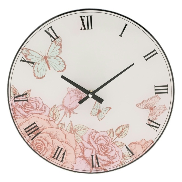 Hometime Glass Wall Clock 30Cm Floral With Butterfly Design by Tesco ...