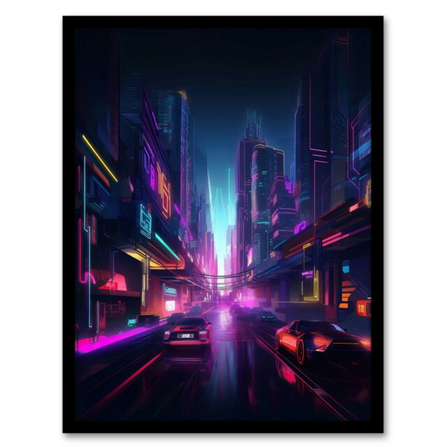 Neon Purple Cityscape Electronic Futuristic Black Framed Wall Art Print ...