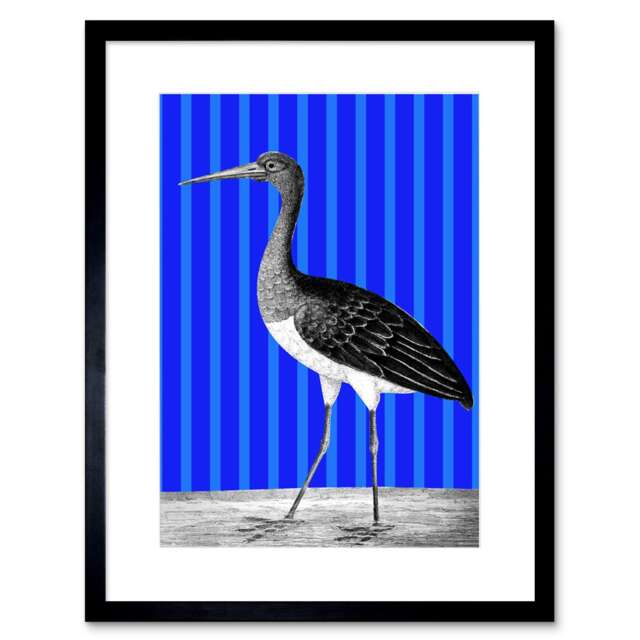 "Crane Bird Blue Stripes Modern Bold Animal 9x7"" Black Framed Wall Art ...